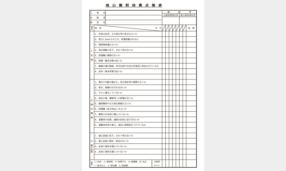 地山掘削始業点検表 - ハタコン書式集 安全書類・現場関連書類テンプレート