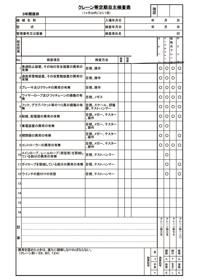 クレーン等定期自主検査表 ハタコン書式集 安全書類・現場関連書類テンプレート 